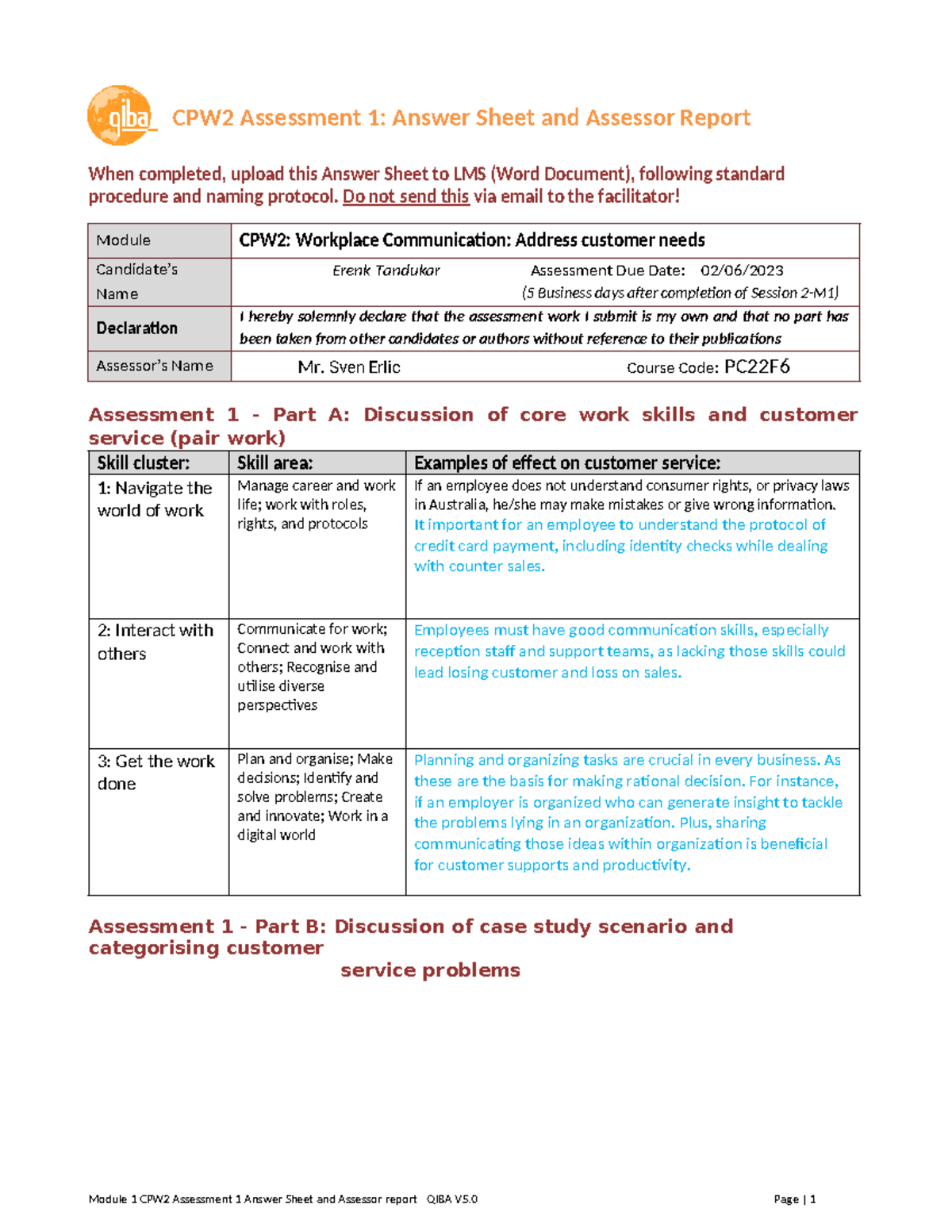 Erenk Tandukar Module 1 CPW2 Assessment 1 Answer Sheet and Assessor ...