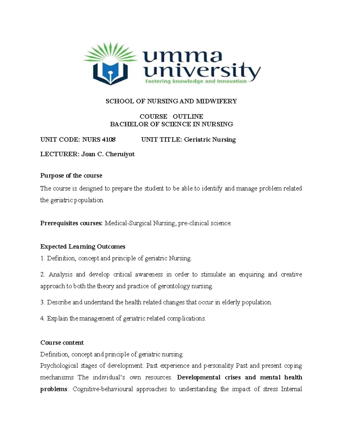Geriatric Nursing Course Outline - Direct - SCHOOL OF NURSING AND ...