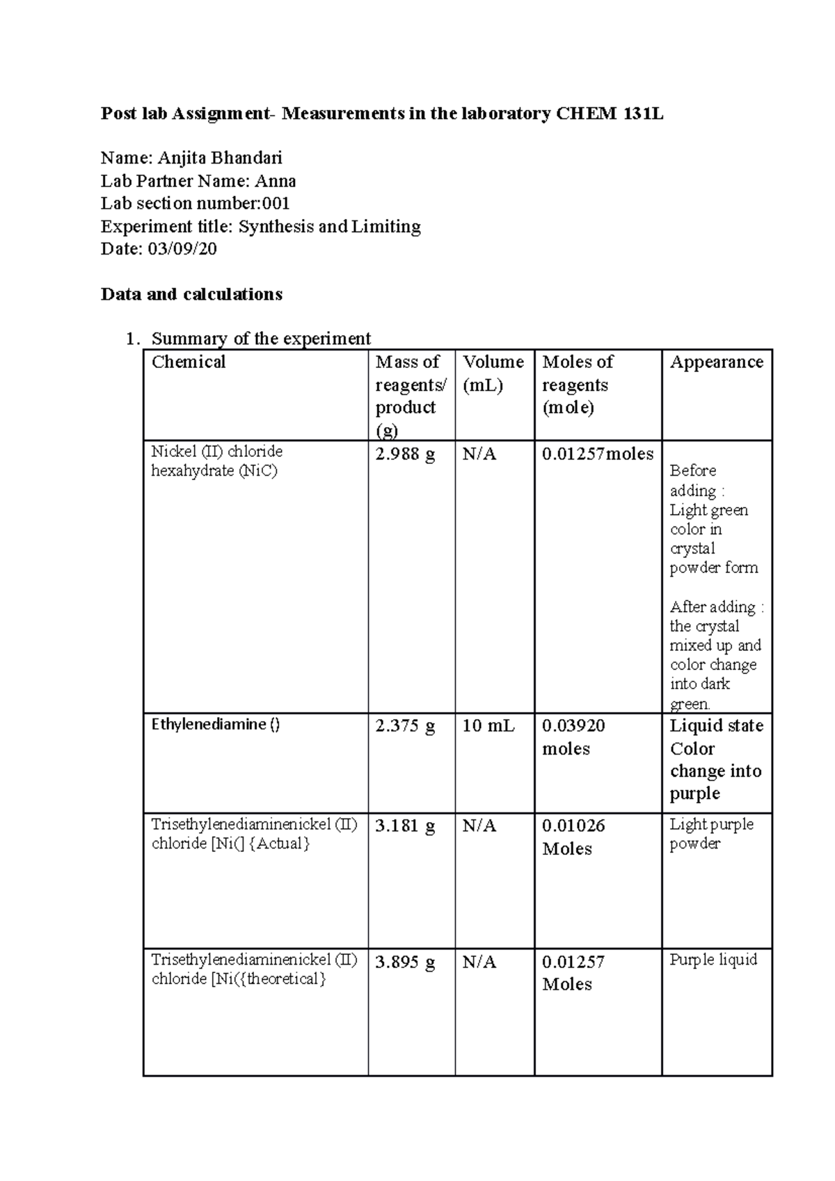 PL#5 - General Chemistry 5 - Post lab Assignment- Measurements in the laboratory CHEM 131L Name ...