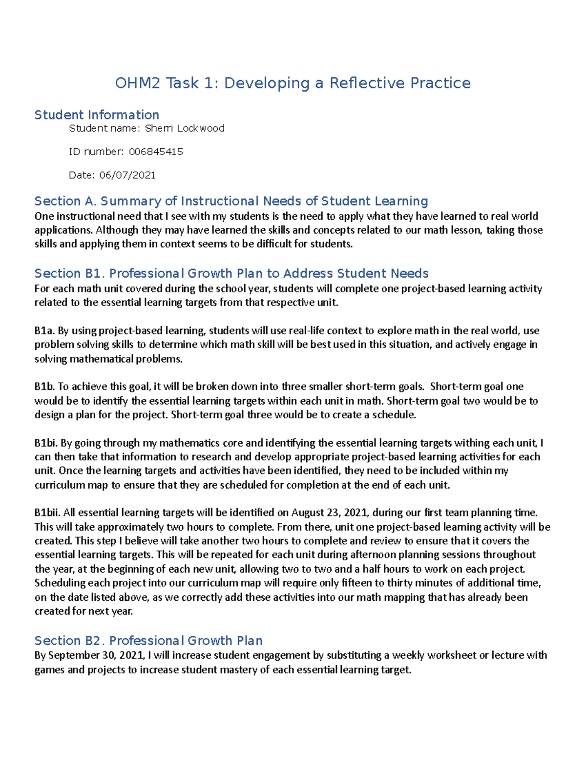 Sherri Lockwood OHM2 Task 2 DEVELOPING A PROFESSIONAL GROWTH PLAN ...