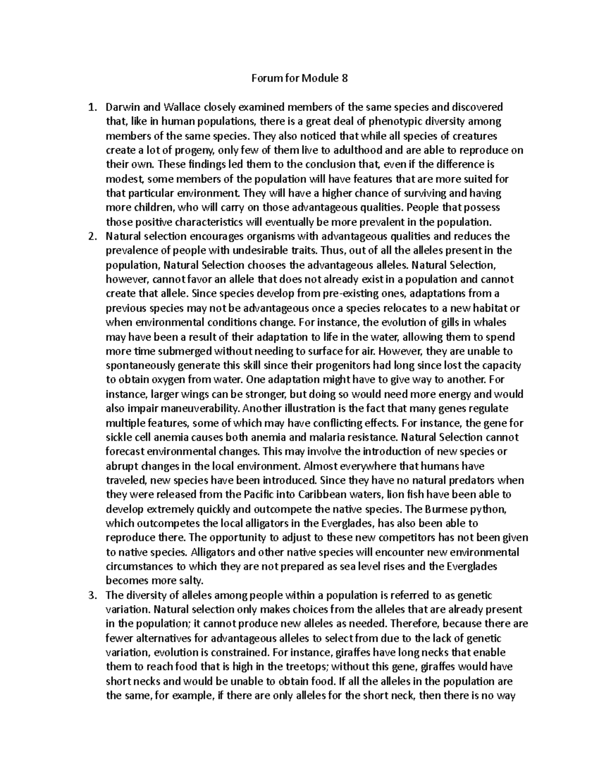 Forum for Module 8 - Classwork week 8. - Forum for Module 8 Darwin and Wallace closely examined ...