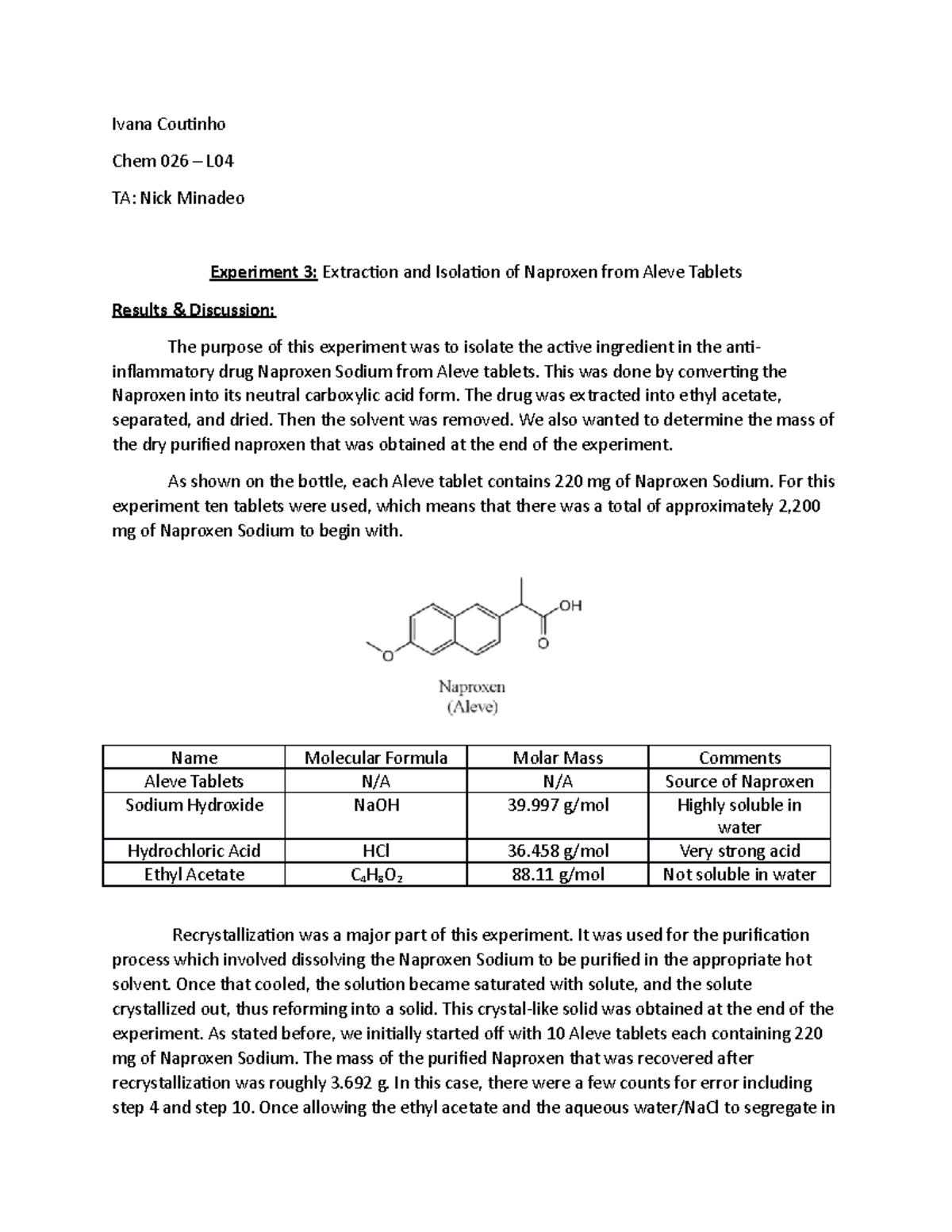 Experiment 3 Postlab - Ivana Coutinho Chem 026 – L TA: Nick Minadeo ...