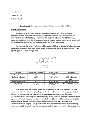 Experiment 5 - exp lab 5 biochem - Chem 026-L 18 March 2019 Experiment 5 Introduction ...