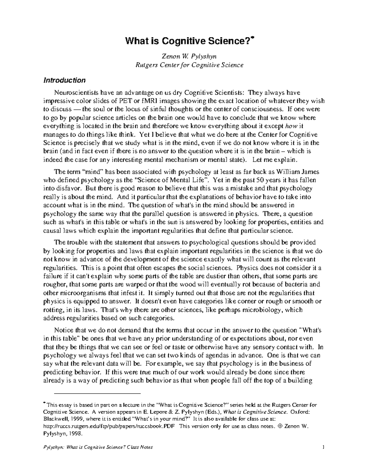 01 - Pylyshyn - What is cognitive science - What is Cognitive Zenon W. Pylyshyn Rutgers Center ...