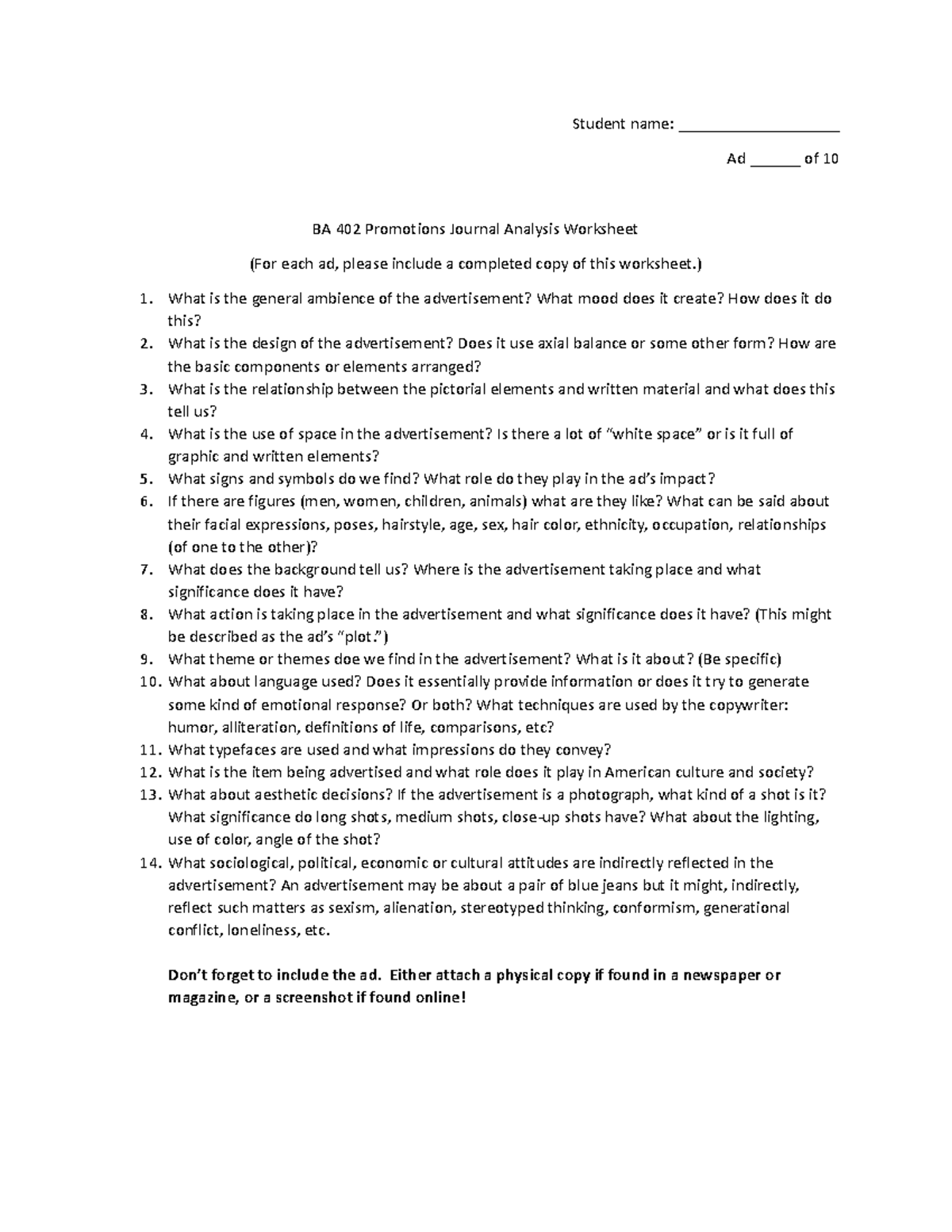 BA 402 Ad Analysis Worksheet - Student name: ___________________ Ad ...