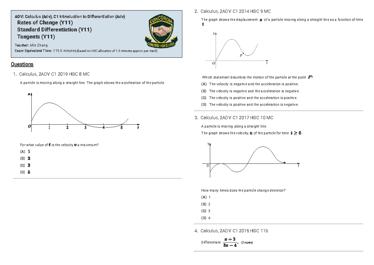 C1 Calculus - Maths - 1. Calculus, 2ADV C1 2019 HSC 8 MC ADV: Calculus ...