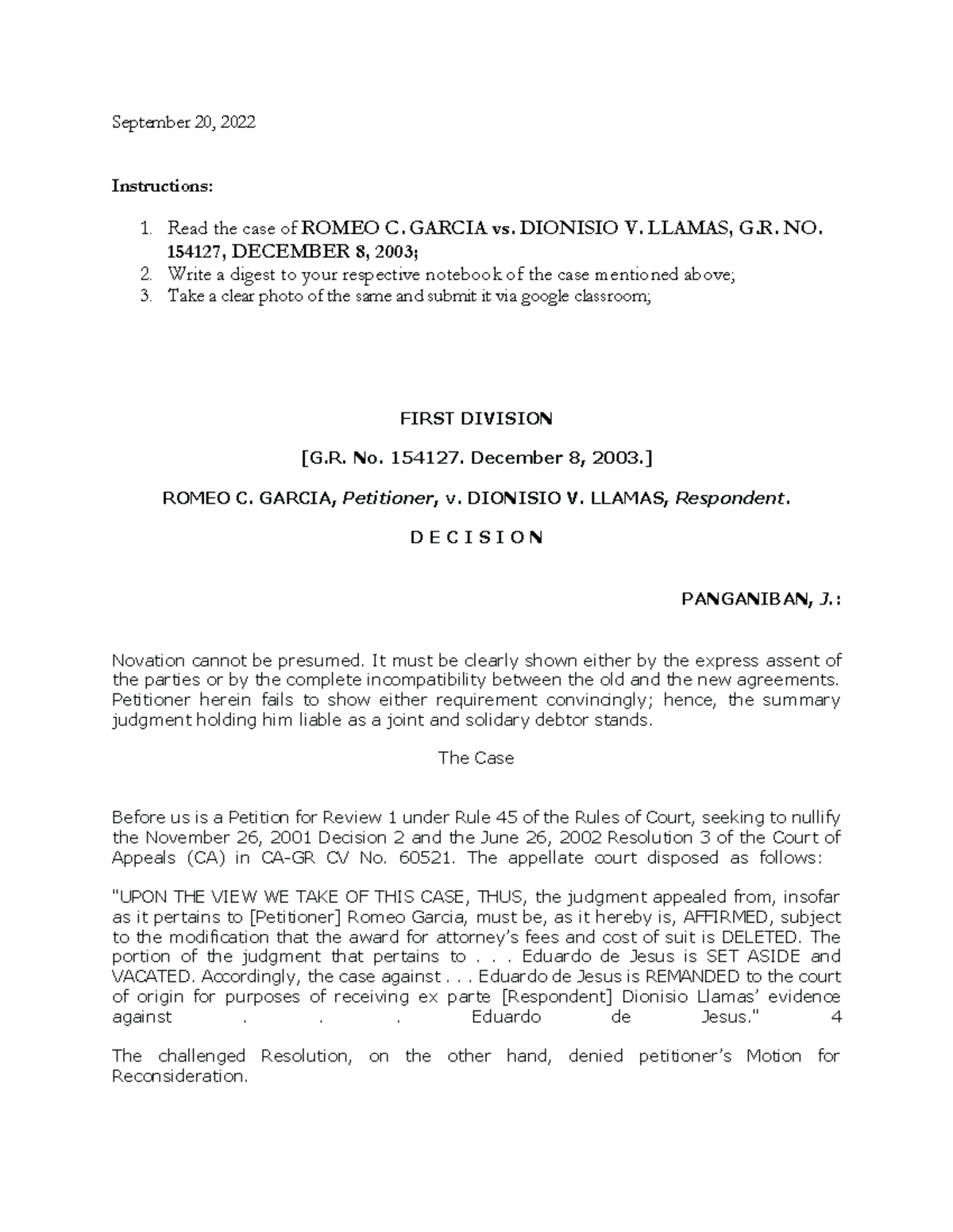 Romeo C. Garcia vs. Dionisio V. Llamas - September 20, 2022 ...