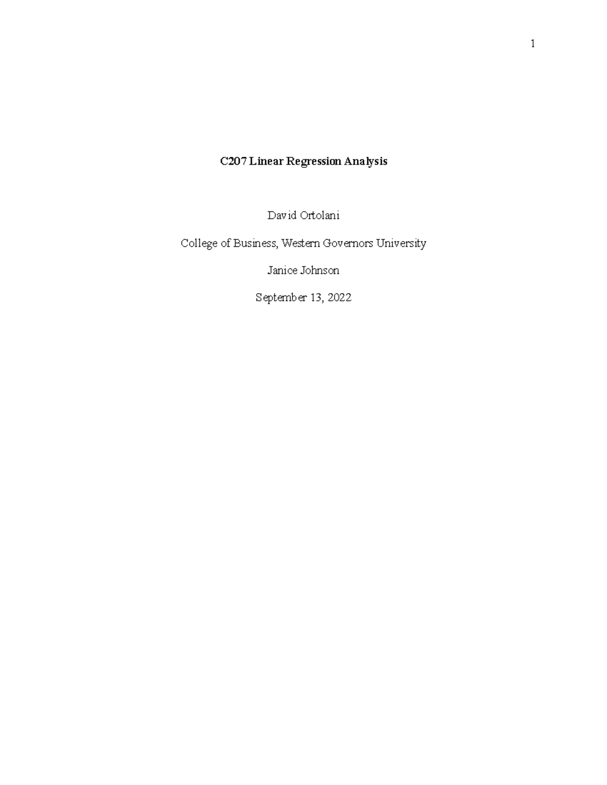 David Ortolani Linear Regression Analysis C207 Linear Regression 