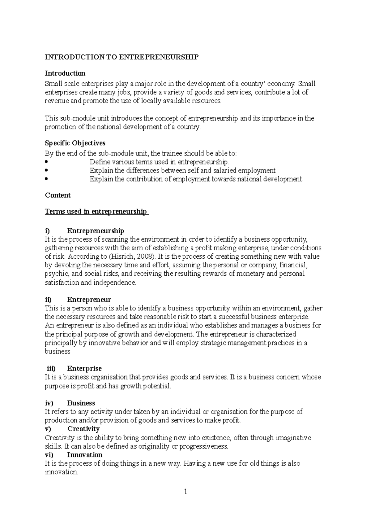Entrepreneurship Notes FOR Fourth YEAR - INTRODUCTION TO ...