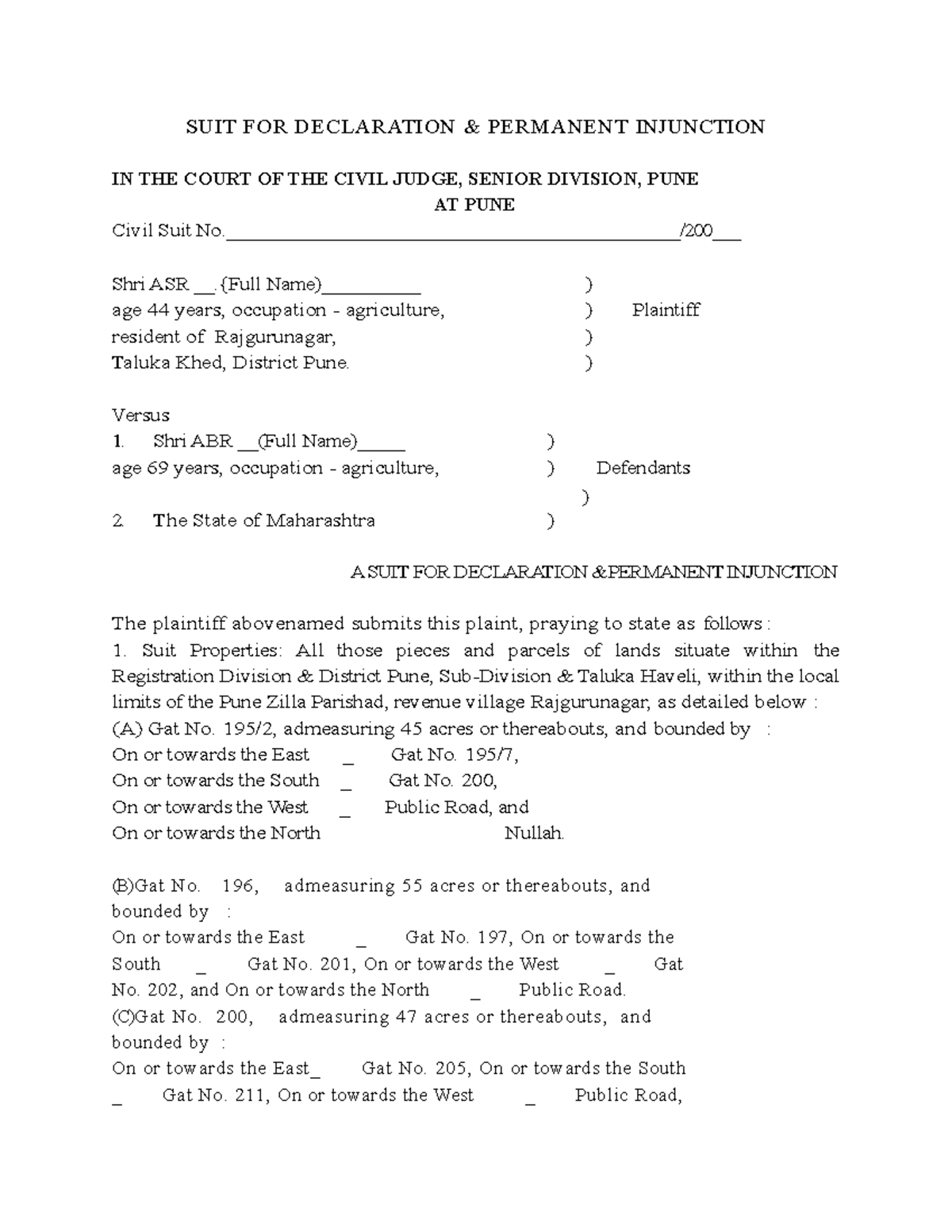 Suit for declaration permanent injunction-1116 - SUIT FOR DECLARATION ...