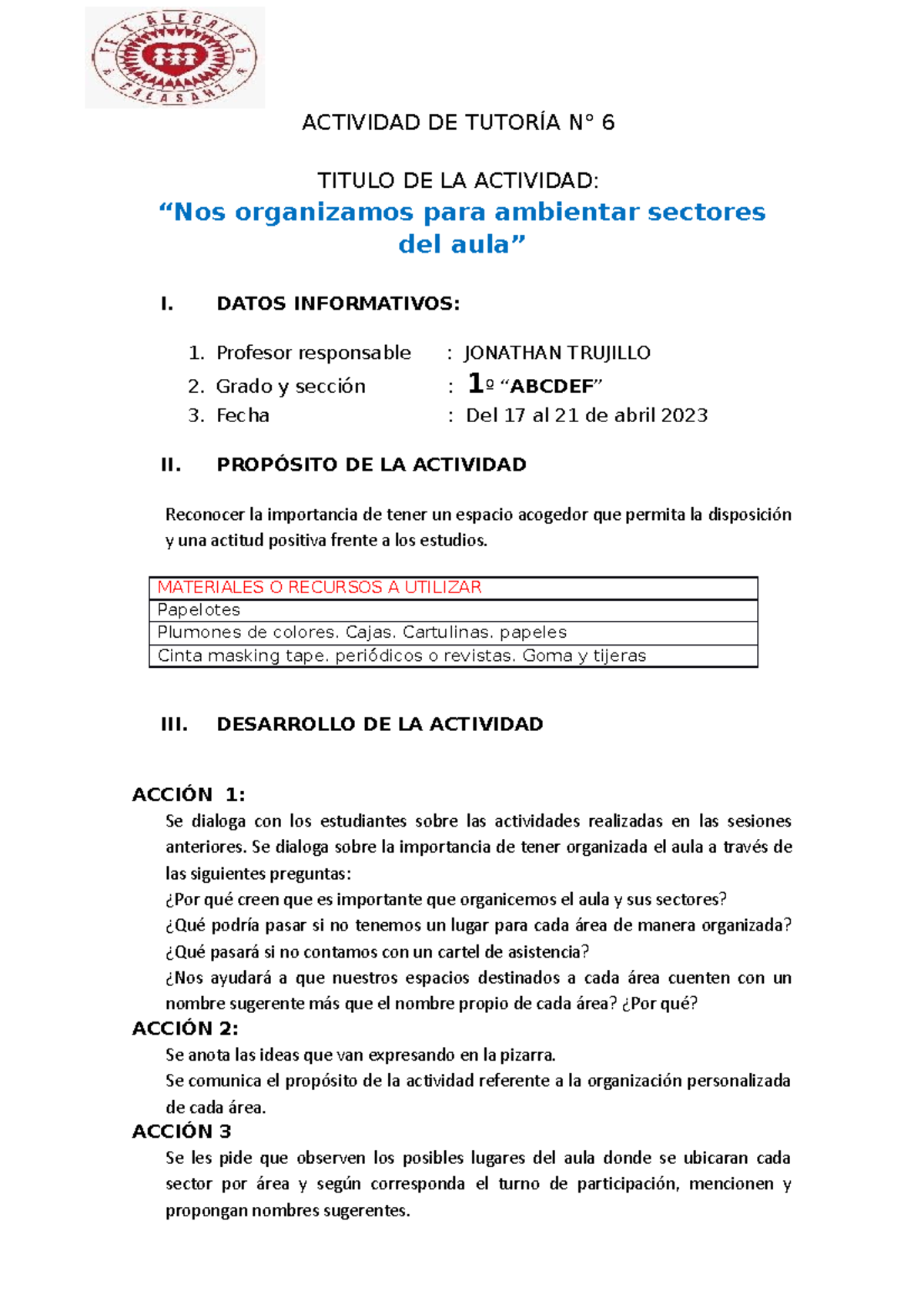 Actividad Tutoría del 17 al 21 Abril 2023 - ACTIVIDAD DE TUTORÍA N° 6 ...