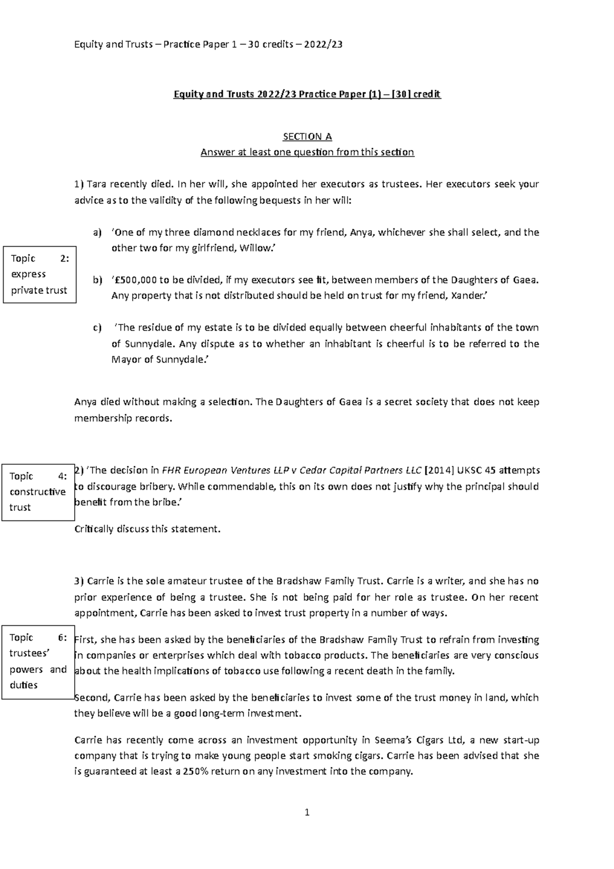 Practice Paper 1 equity and trusts - Equity and Trusts – Practice Paper ...