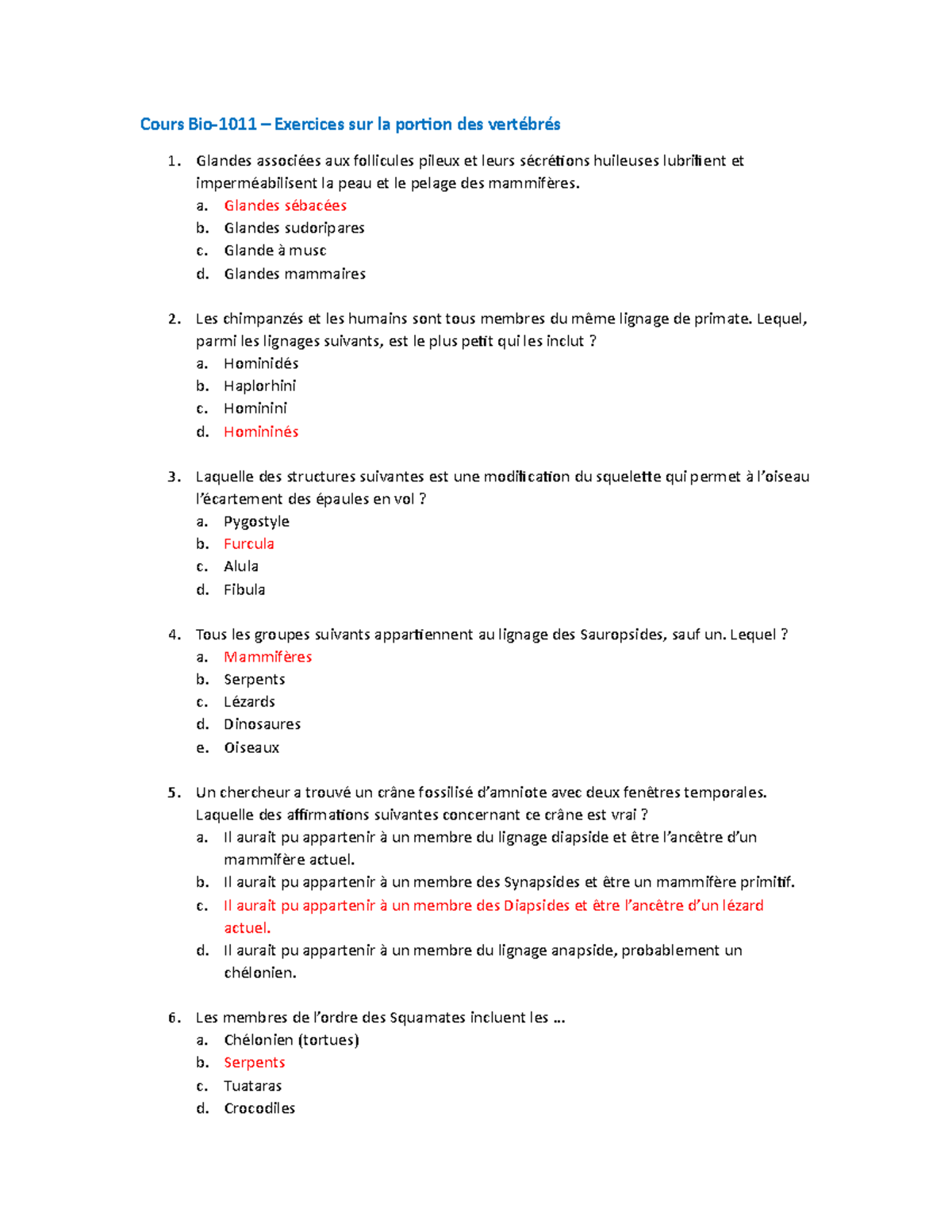 Exercices Examen 1 Bio-1011 corrigé - Cours Bio-1011 – Exercices sur la ...