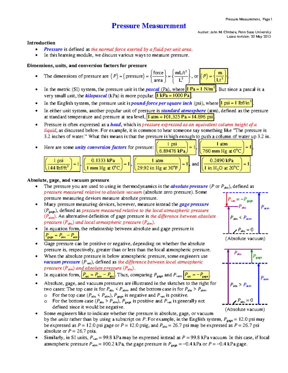 Pressure measurement - Pressure Measurement Author: John M. Cimbala ...
