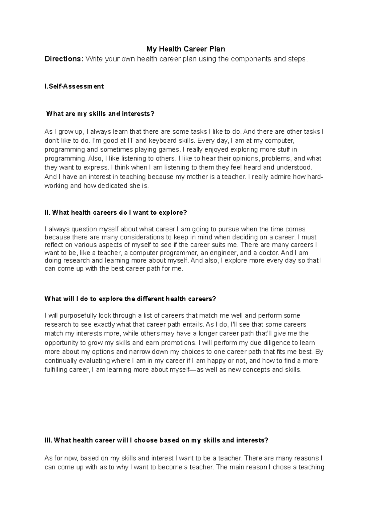 My Health Career Plan My Health Career Plan Directions Write Your