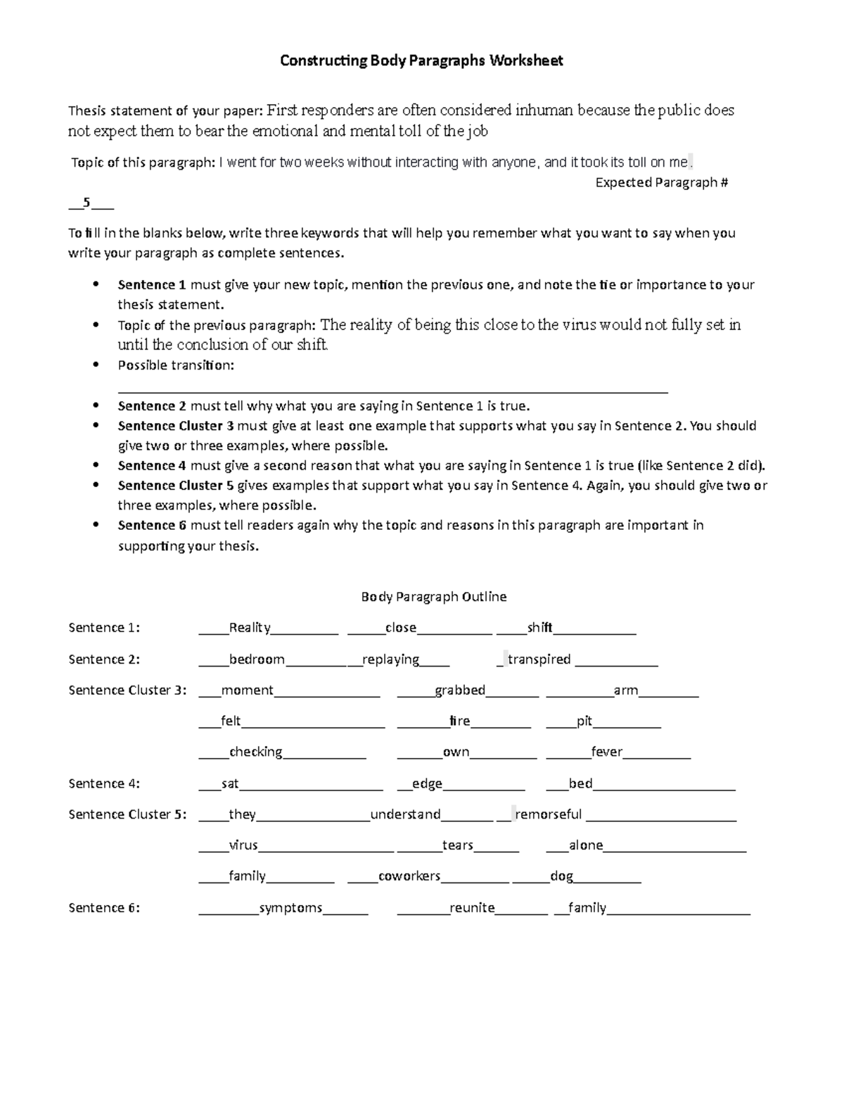 Body Paragraph Worksheet 5 - Constructing Body Paragraphs Worksheet ...