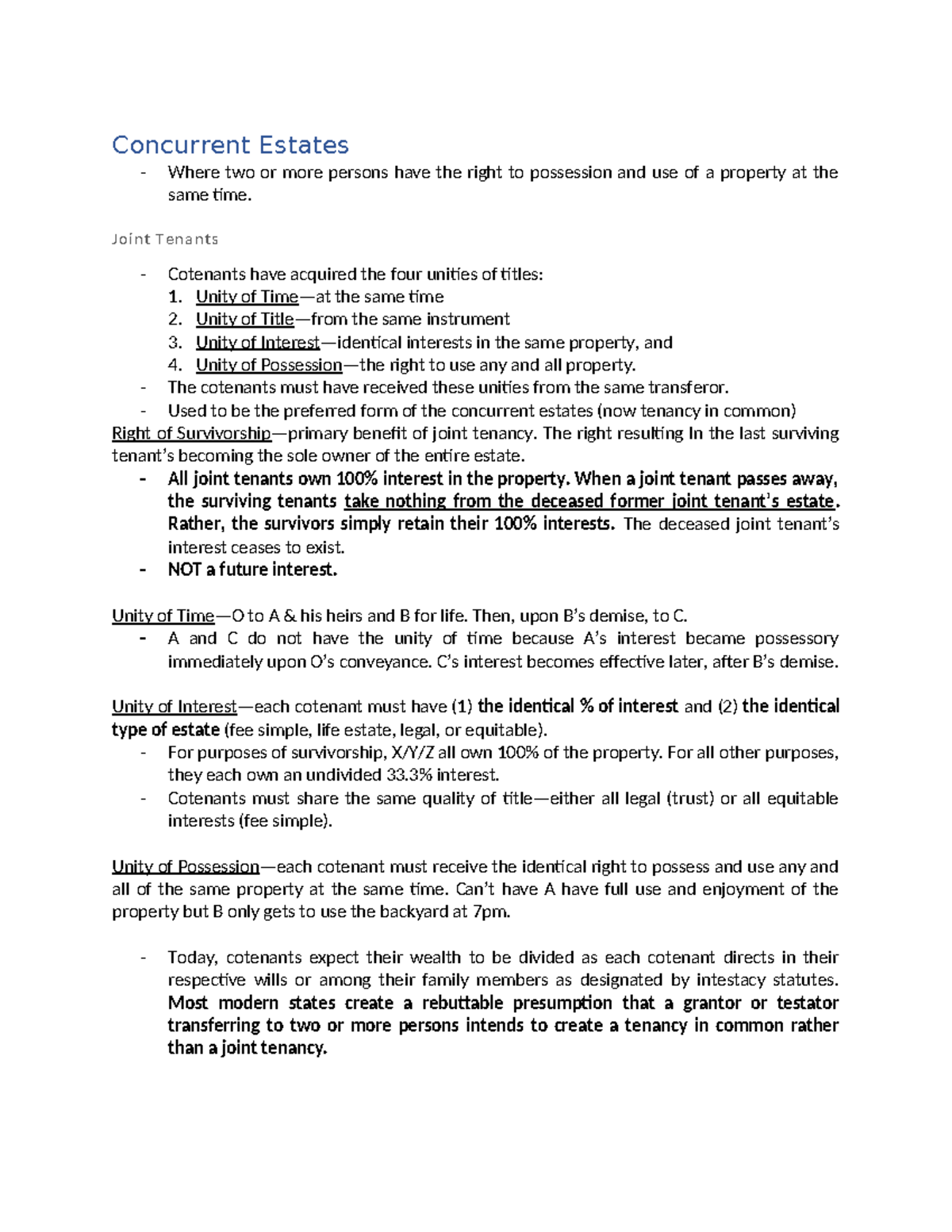 Prop I Outline - Concurrent Estates Where two or more persons have the ...