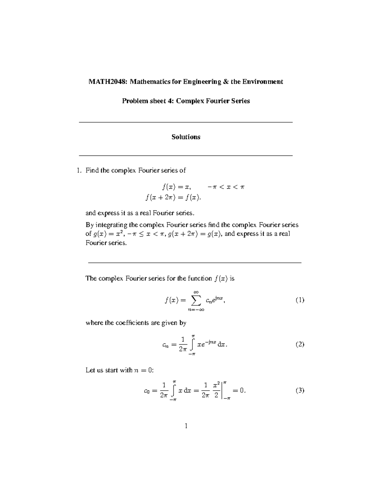 Problem Sheet 4solutions - MATH2048: Mathematics for Engineering & the Environment Problem sheet ...