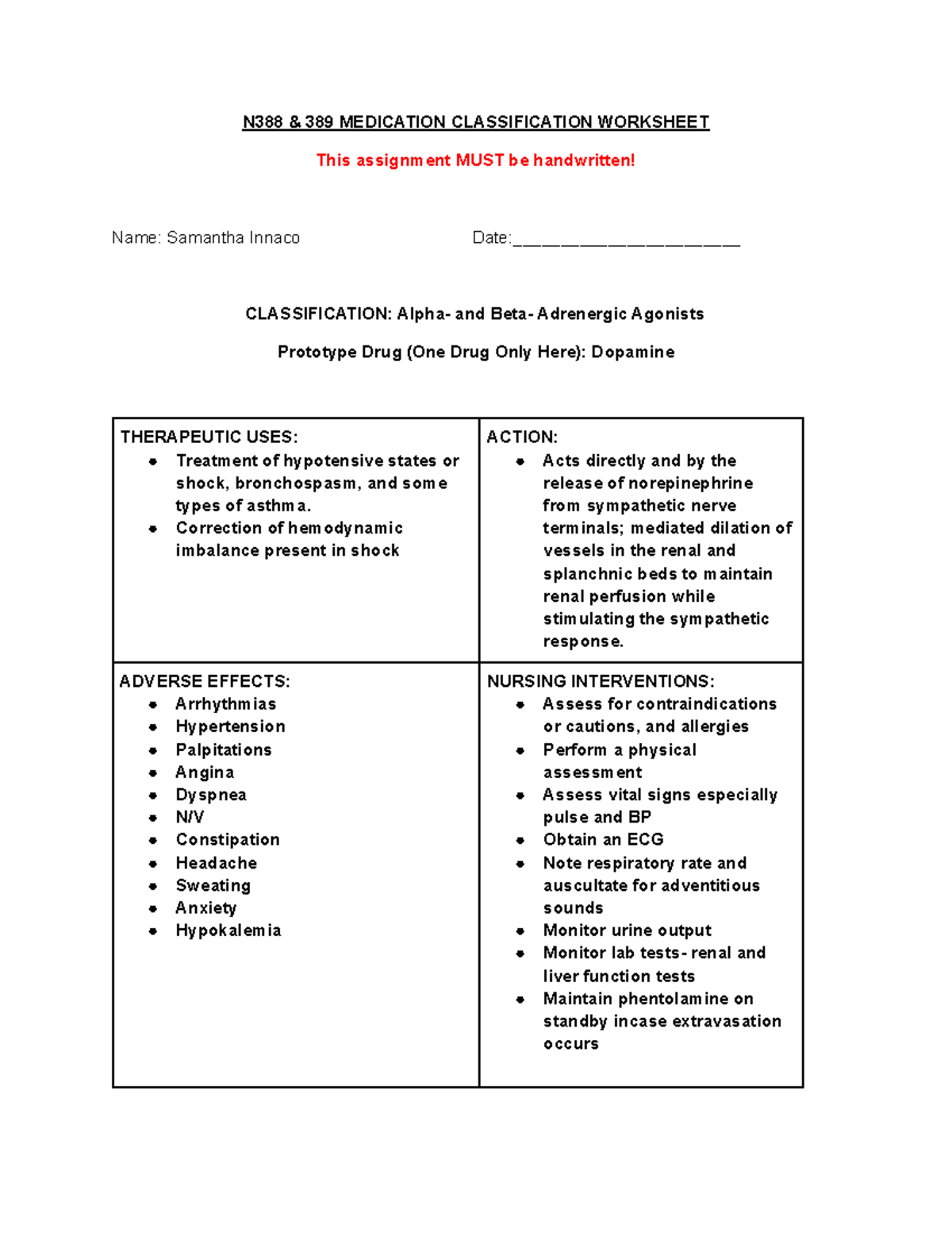 Med classification worsheet Nervous system - N388 & 389 MEDICATION ...