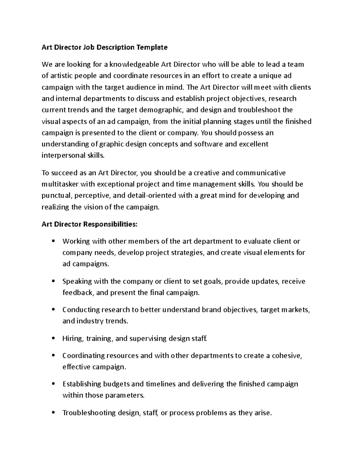 Art Director Job Description Template - The Art Director will meet with ...