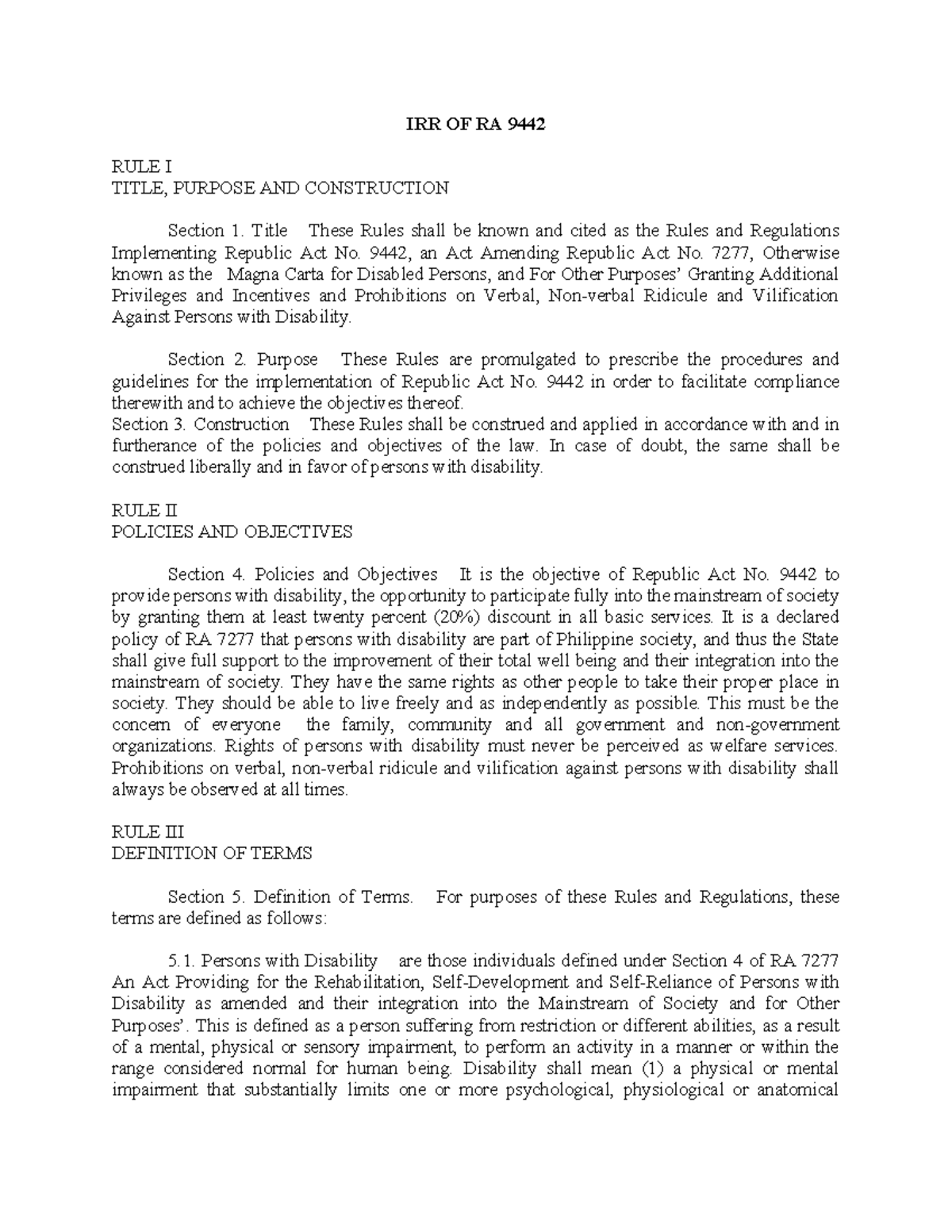 IRR RA 9442 - LAW - IRR OF RA 9442 RULE I TITLE, PURPOSE AND ...