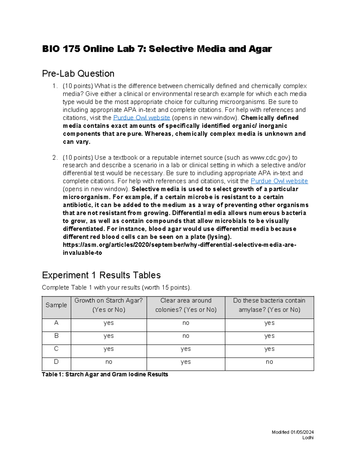 BIO175 Lab07 - Selective media and agar - BIO 175 Online Lab 7: Selective Media and Agar Pre-Lab ...