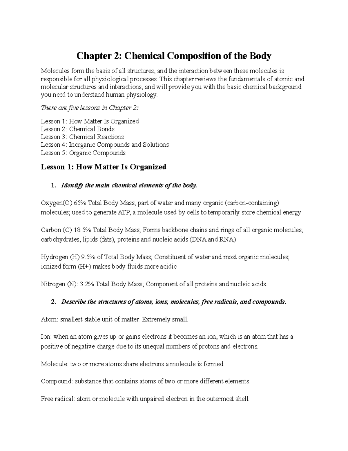 Unit 1 Chapter 2 Chemical Composition of the Body - Chapter 2: Chemical ...