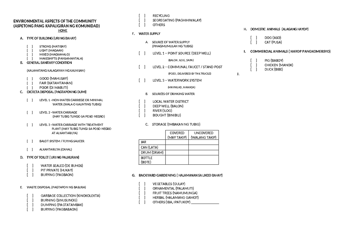 DOH survey form 2 - ENVIRONMENTAL ASPECTS OF THE COMMUNITY (ASPETONG ...