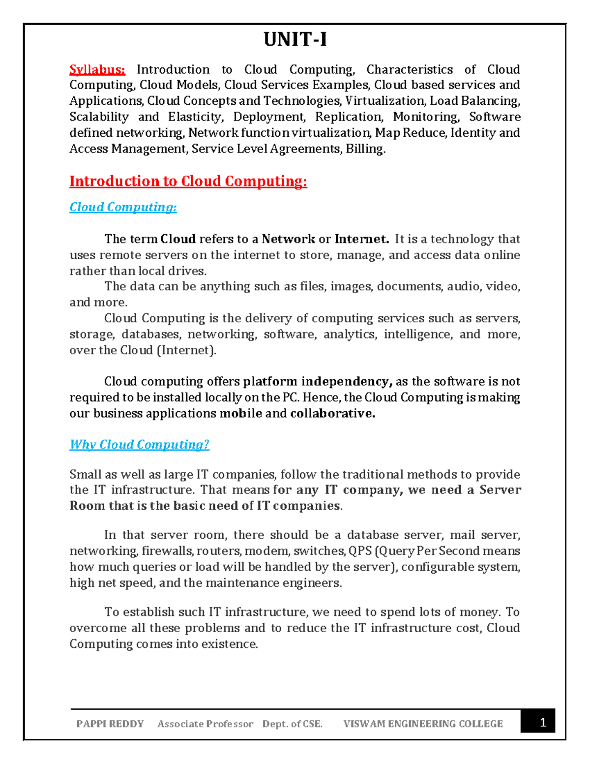 CC-UNIT-I - vuyf76f - UNIT-I Syllabus: Introduction to Cloud Computing ...