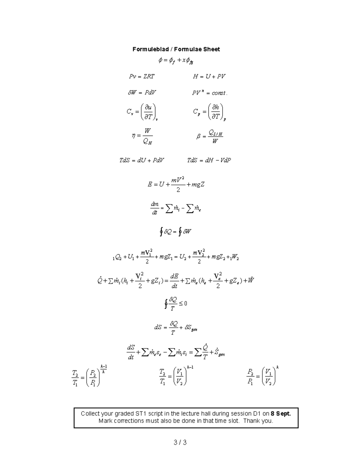 Formula page - 3 / 3 Formuleblad / Formulae Sheet f x fg Pv ZRT H U PV ...