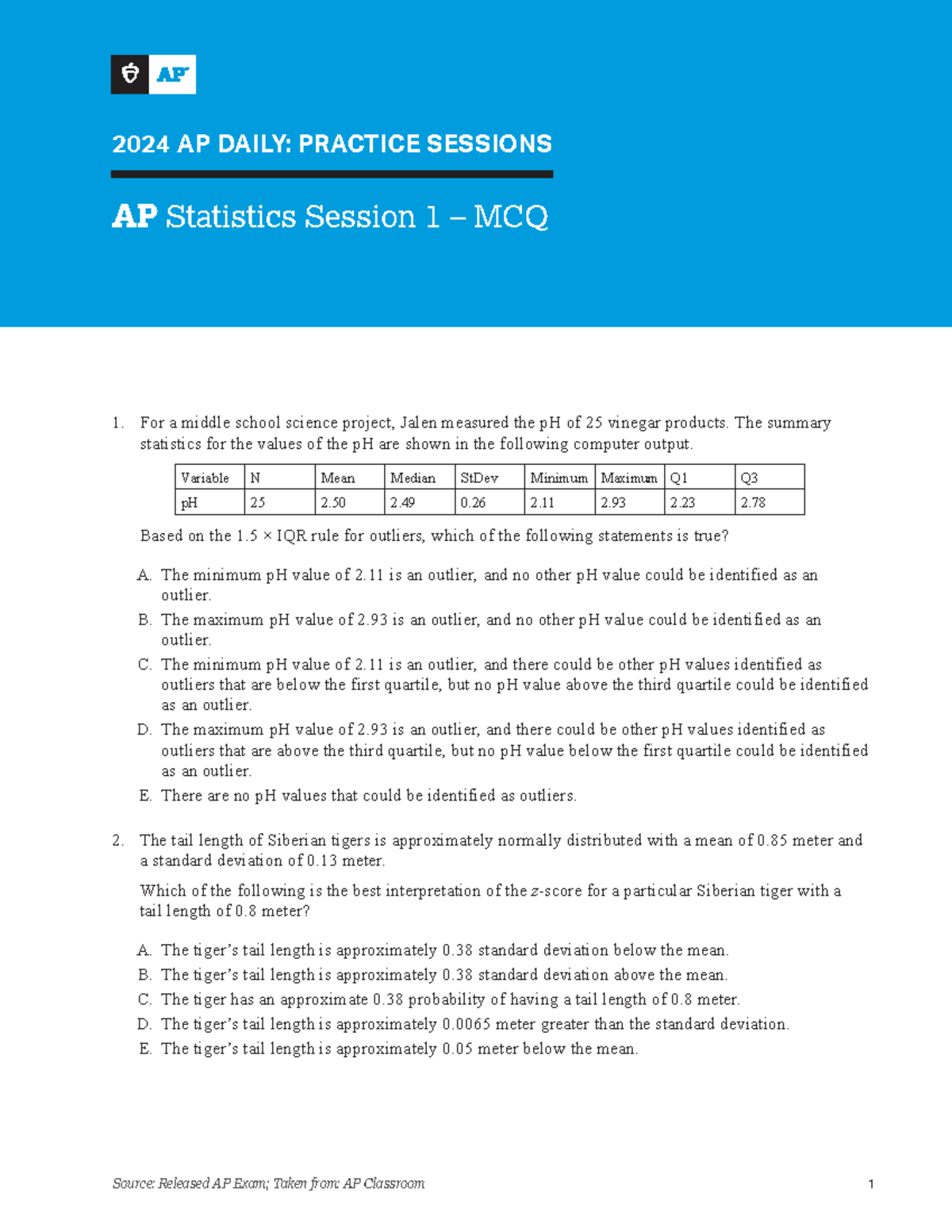 AP Statistics Session 1 Worksheet - Source: Released AP Exam; Taken ...