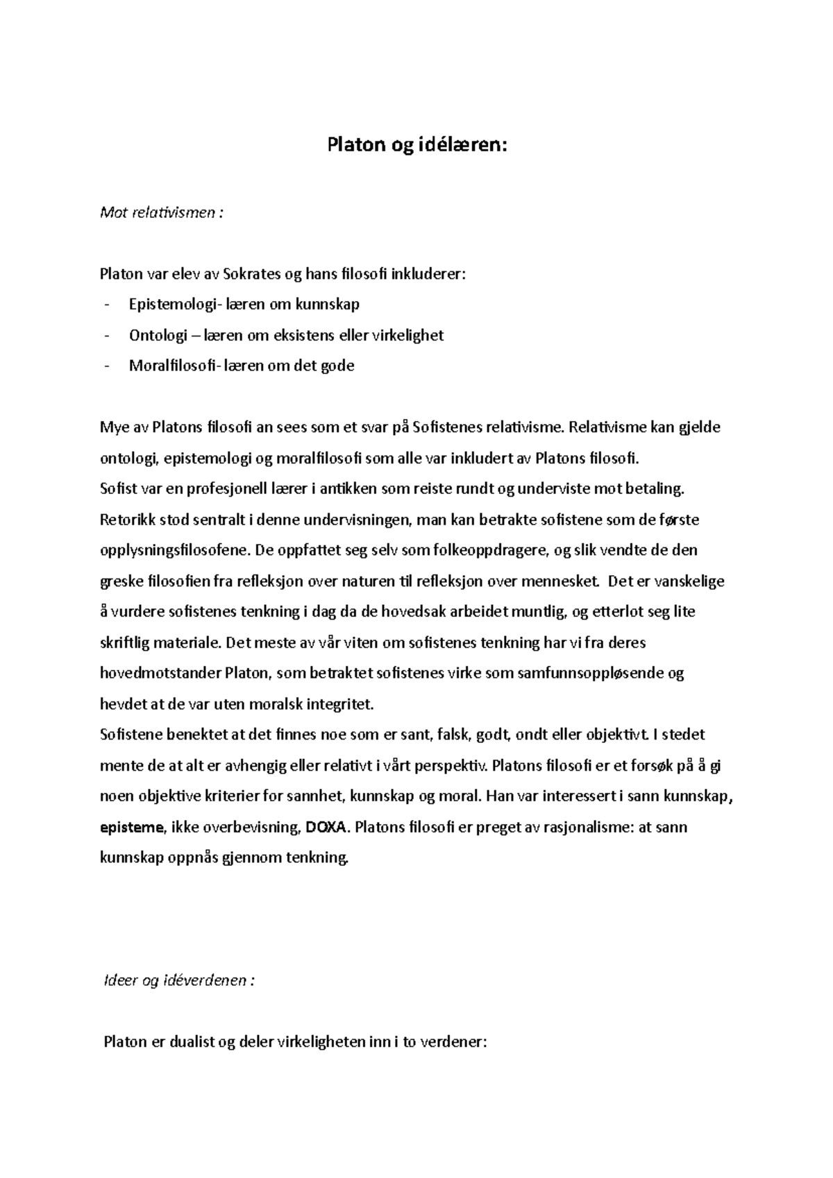 Exphil - Gode notater fra forelesning - Platon og idélæren: Mot ...