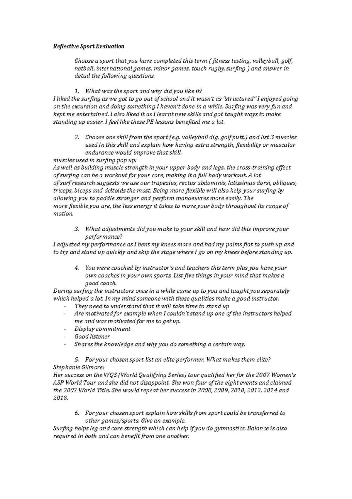 Yr 10 PE Sport Reflection Evaluation.-1 (10) - Reflective Sport ...