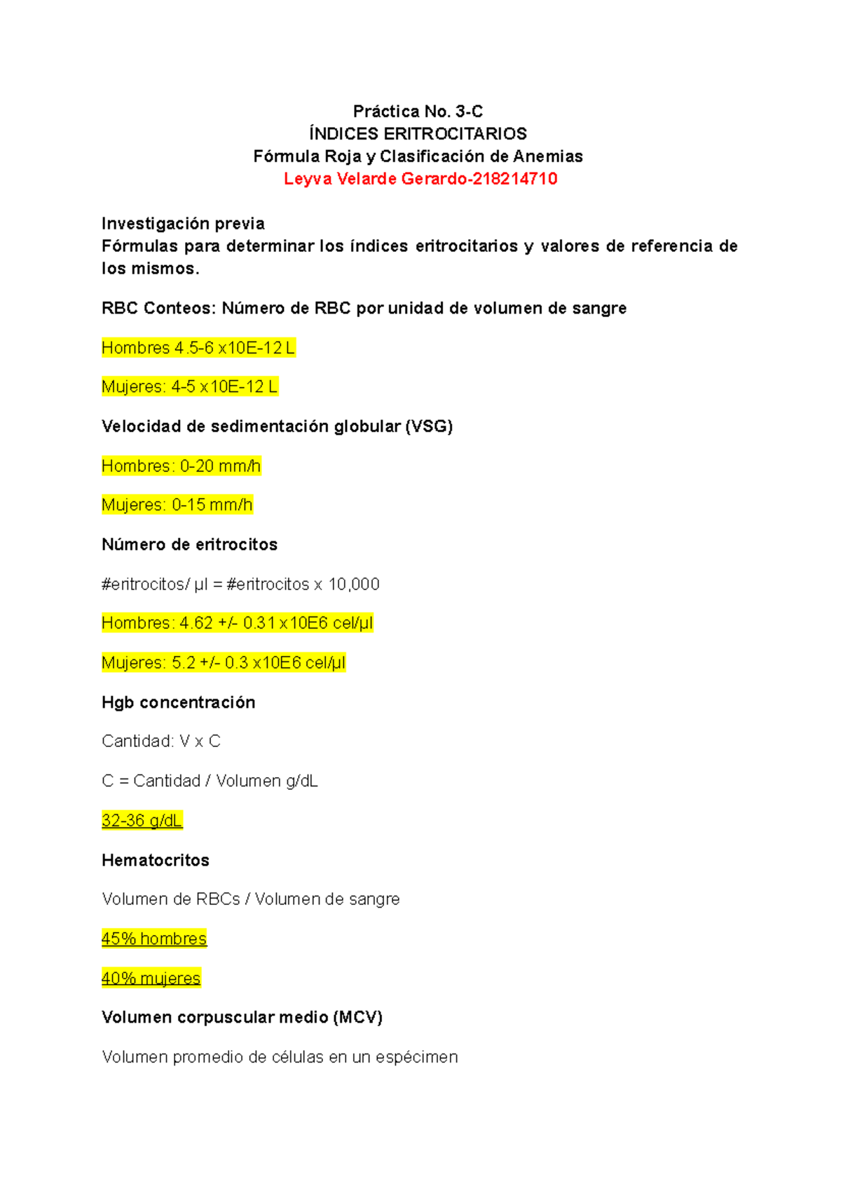 Índices eritrocitarios - Práctica No. 3-C ÍNDICES ERITROCITARIOS ...