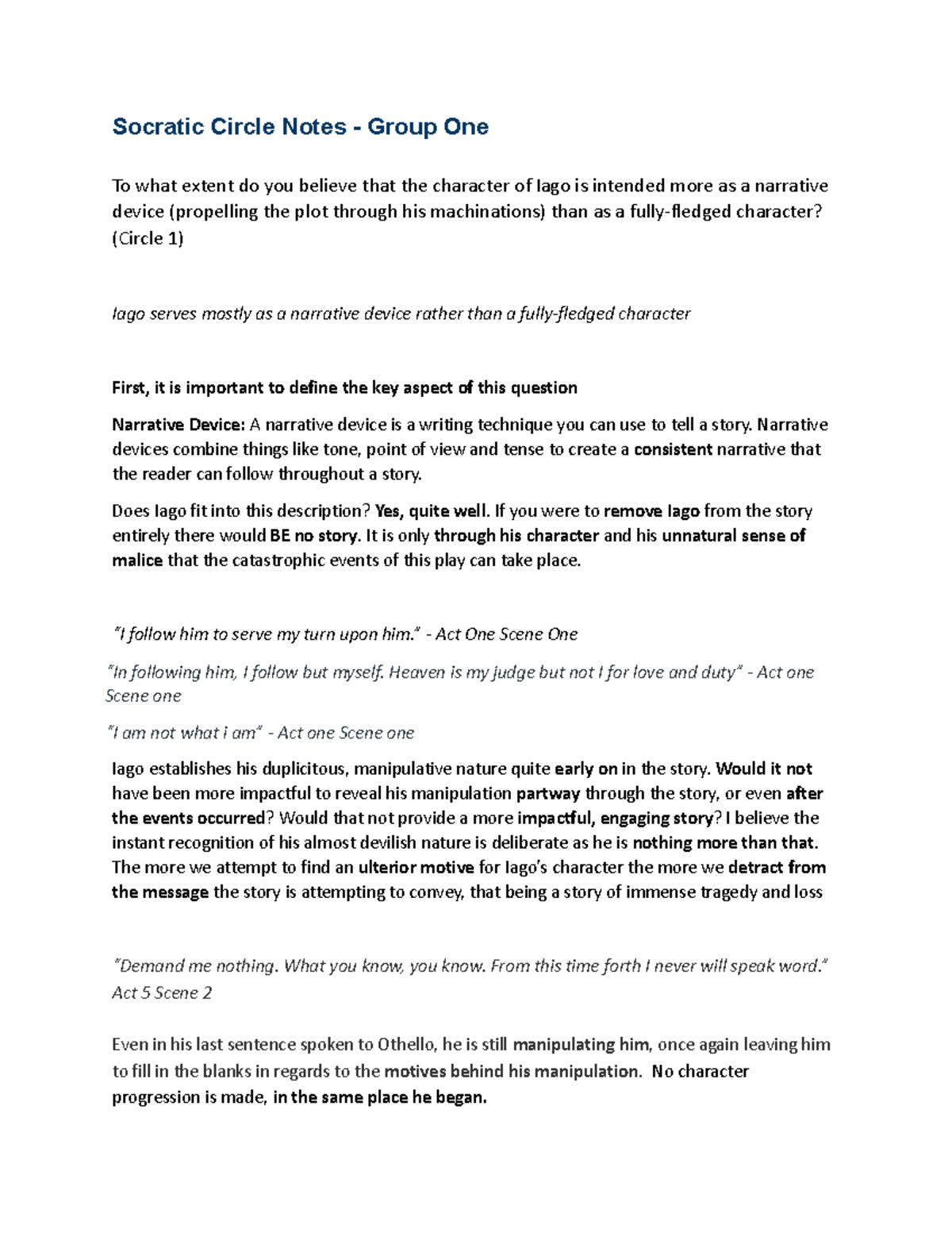 Socratic Circle Notes - Group One - Studocu