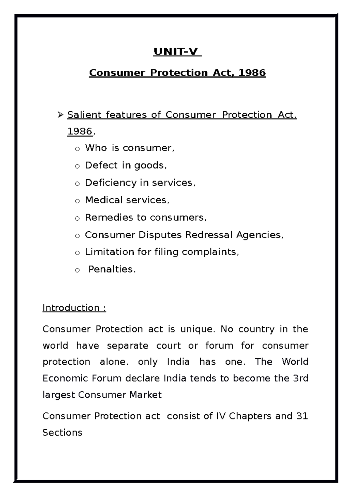 Consumer Protection Act - UNIT-V Consumer Protection Act, 1986 Salient ...