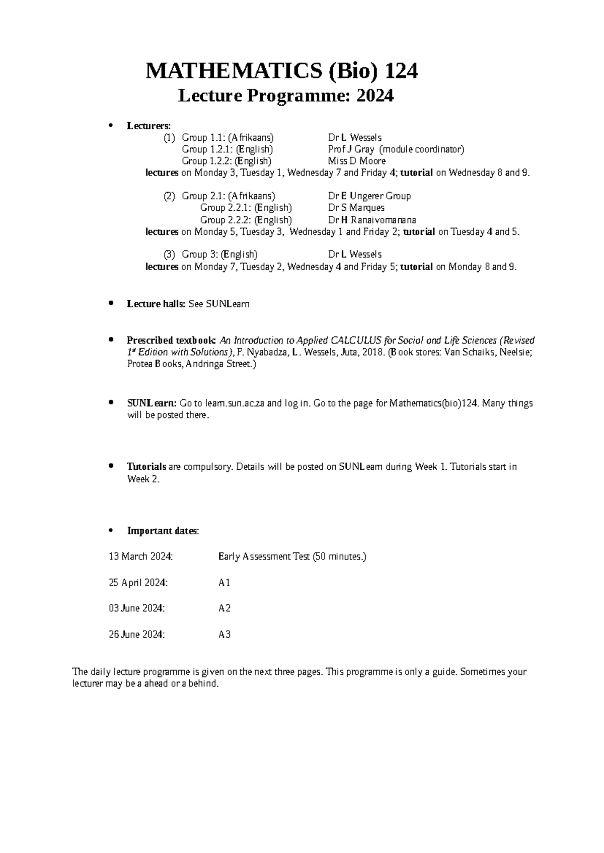 Lecture Programme Mathematics(Bio) 2024 - MATHEMATICS (Bio) 124 Lecture ...
