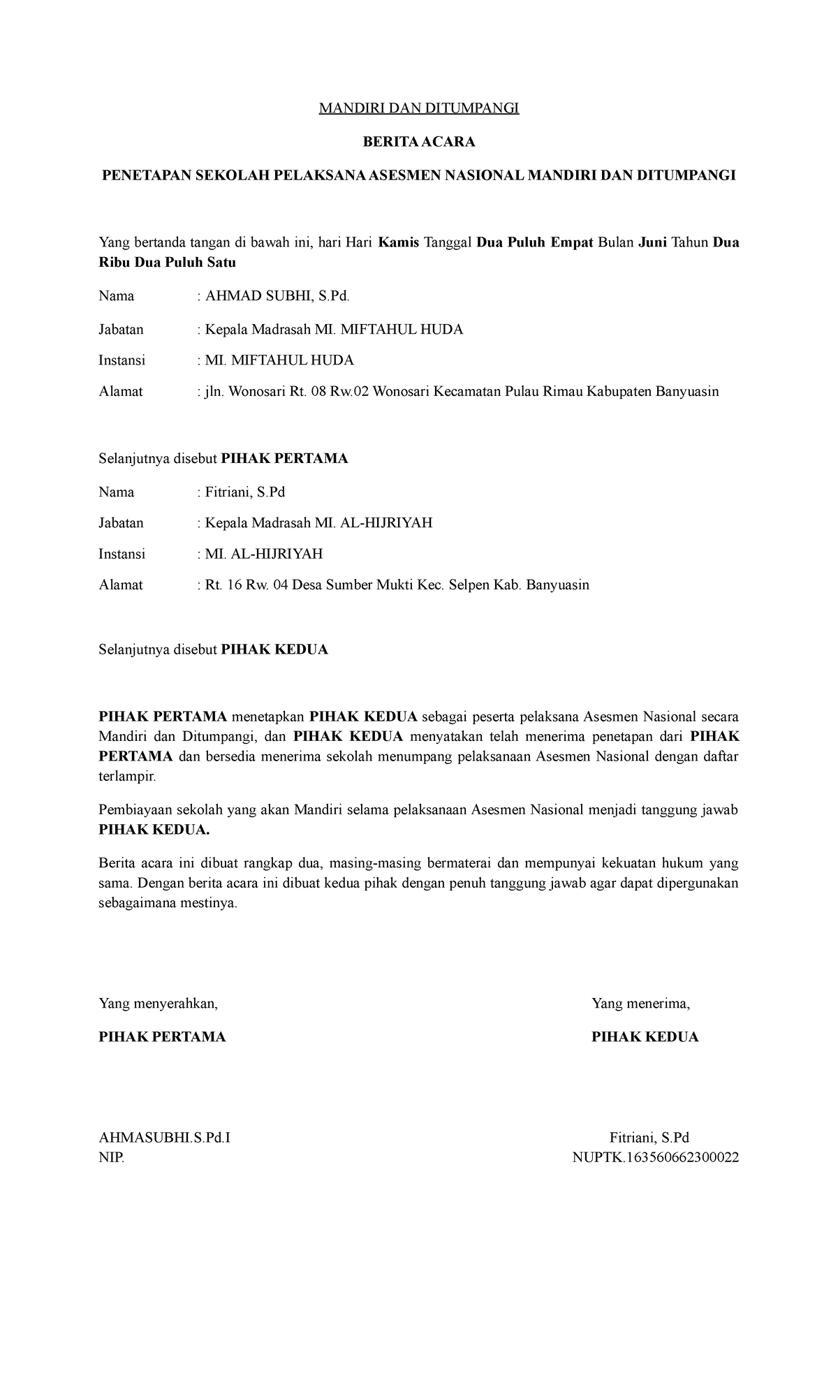 Surat Permohonan Ahmad Subhi MI. Miftahul HUDA 2021 ANBK - MANDIRI DAN ...