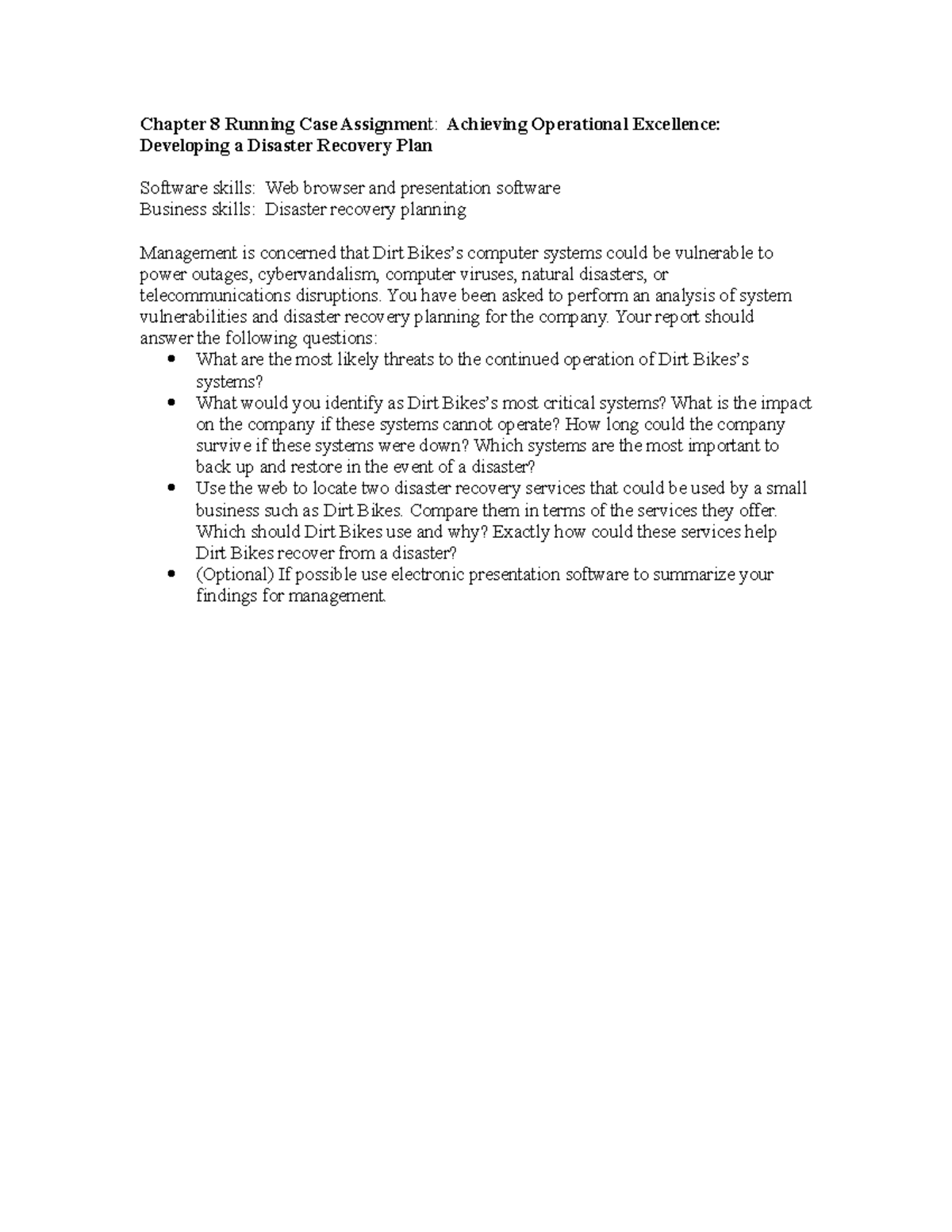 MIS17 Chapter 8 Running Case Assignment - You have been asked to perform an analysis of system ...
