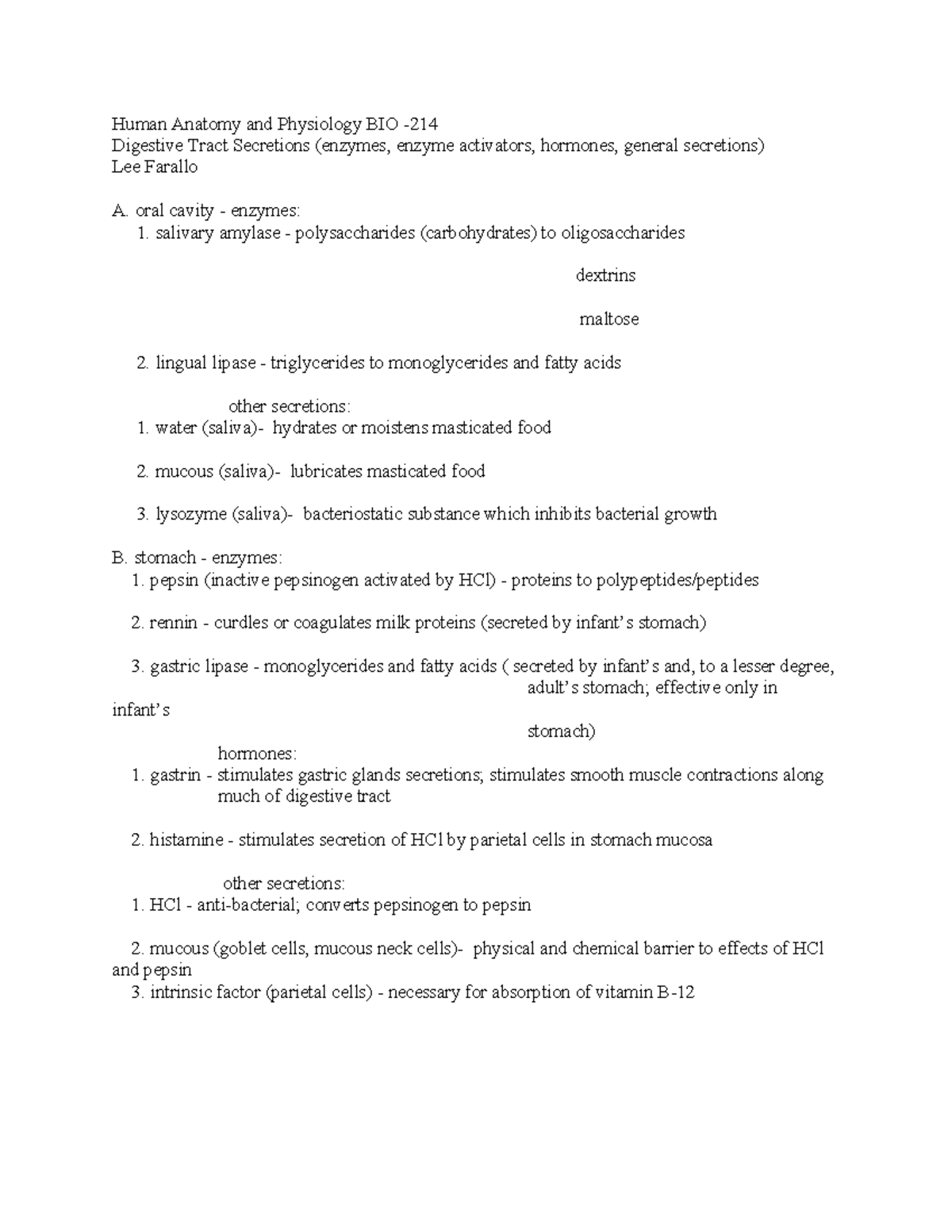 D.I. secretions - Human Anatomy and Physiology BIO - Digestive Tract ...