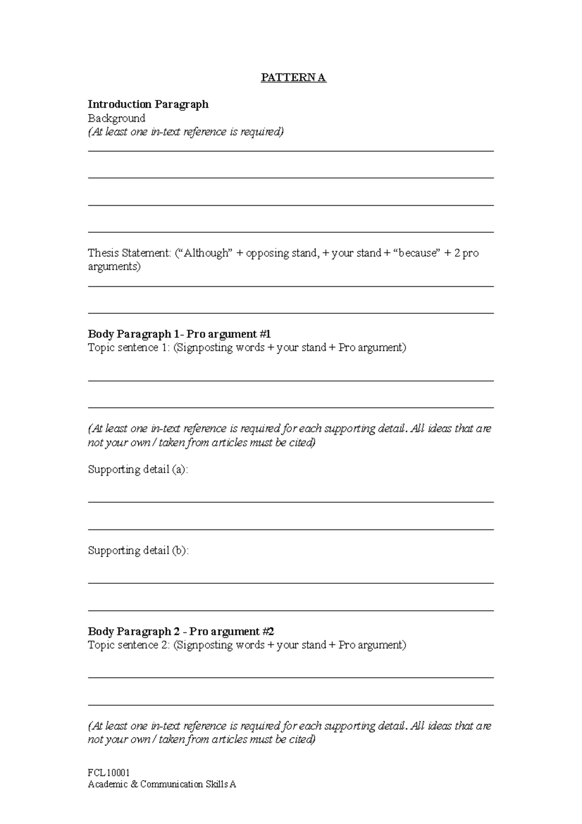Essay Outline Template - Block Patterns A and B - PATTERN A ...
