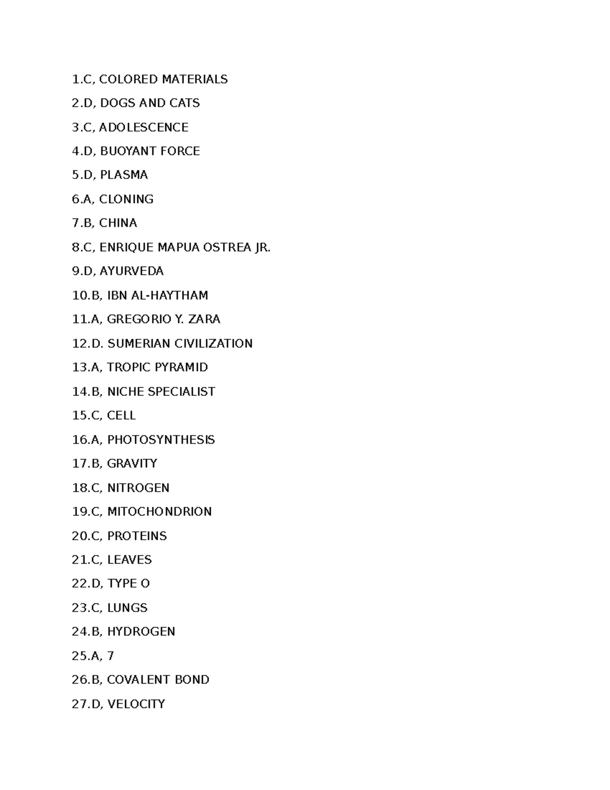 Answer KEY - 1, COLORED MATERIALS 2, DOGS AND CATS 3, ADOLESCENCE 4 ...