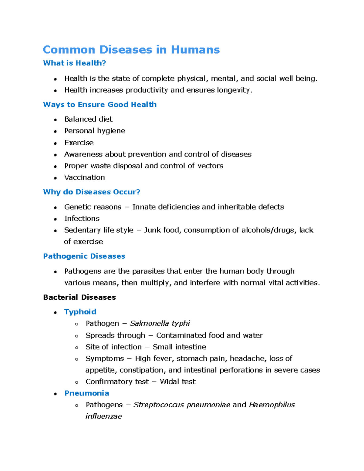CBSE Class 12 Biology Chapter 8 Notes - Common Diseases in Humans What ...