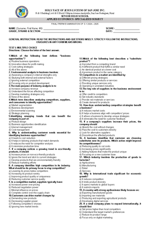 TOS Final TERM - Applied Economics - HOLY FACE OF JESUS LYCEUM OF SAN ...