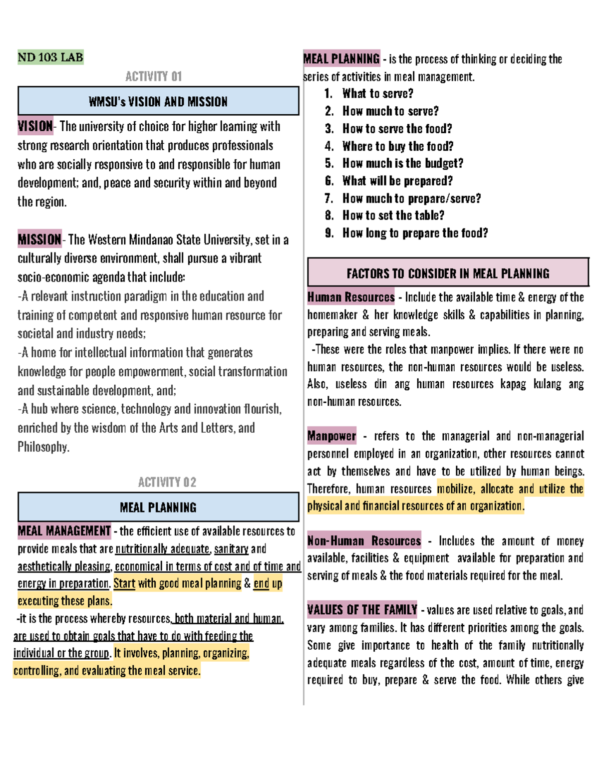 ND 103 LAB Reviewer - ND 103 LAB ACTIVITY 01 WMSU’s VISION AND MISSION ...