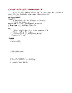 Example Problems for Head Loss 2 - EXAMPLE 8 HEAD LOSS IN A PIPE (CASE ...