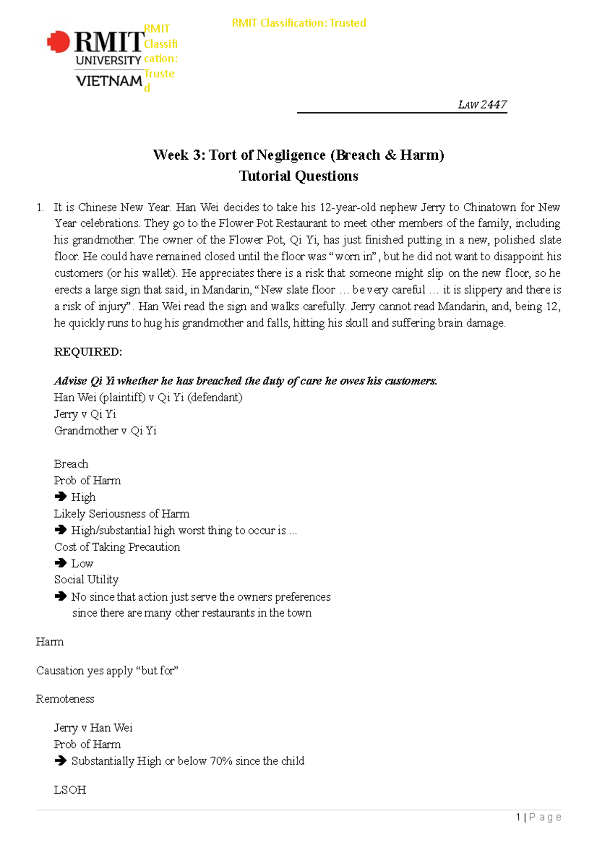 Week 3 Tutorial Questions - LAW 2447 Week 3: Tort of Negligence (Breach ...