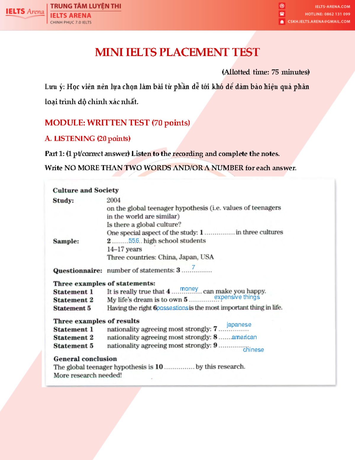 01. Mini Ielts Placement test - Bài thi giấy - MINI IELTS PLACEMENT ...