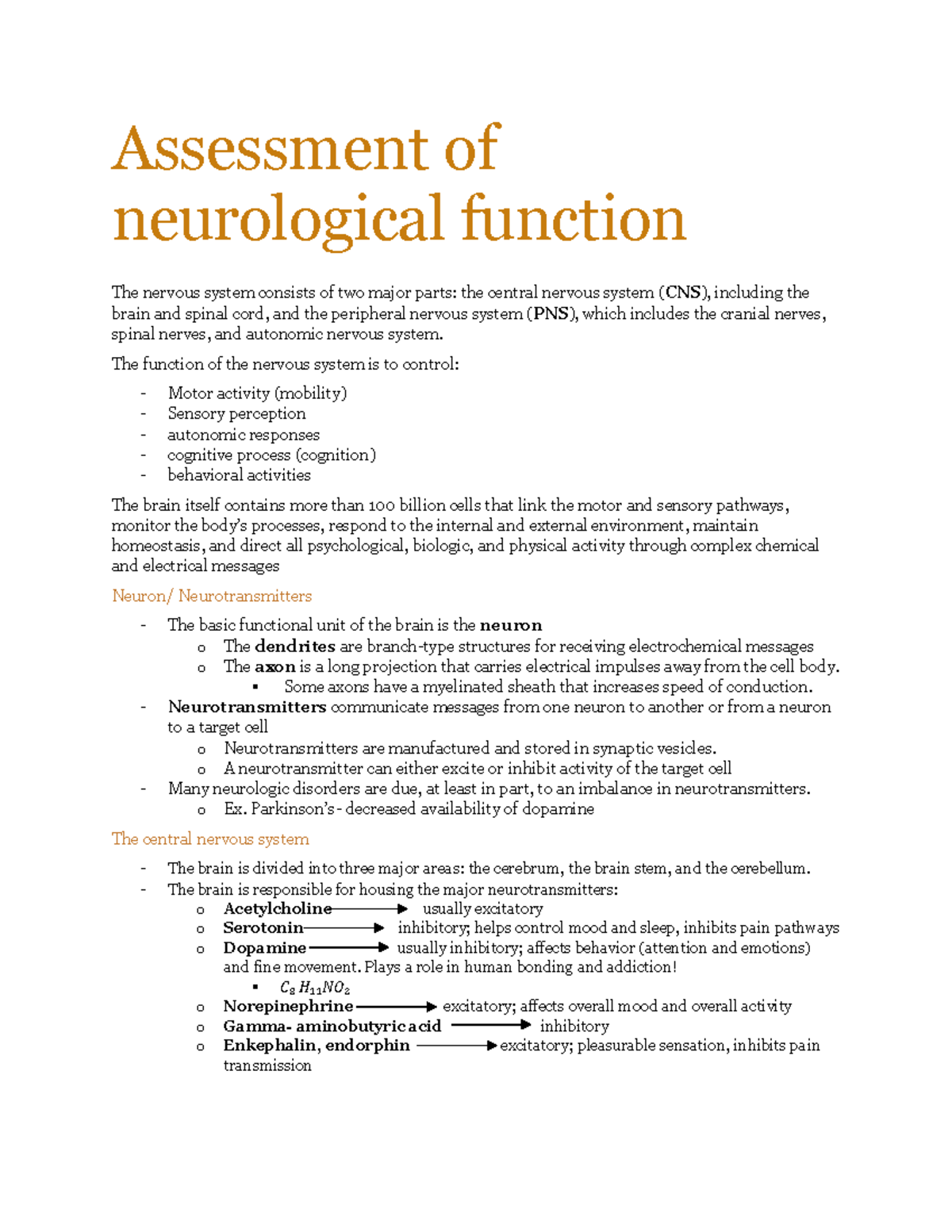 neurology lecture notes - Assessment of neurological function The ...