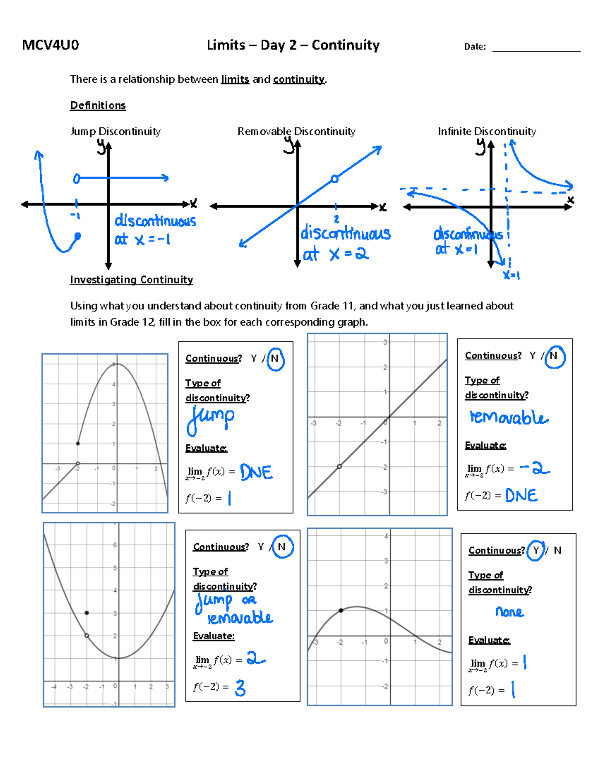 4.3 Limits Continuity Lesson Solutions 2022 - MCV4U0 Limits ʹ Day 2 ʹ ...